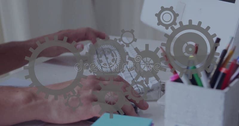 Typing on Keyboard, Hands Over Gears Animation in School Project Stock ...