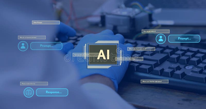 Typing on Keyboard, Person Interacting with AI Interface, Wearing Blue ...