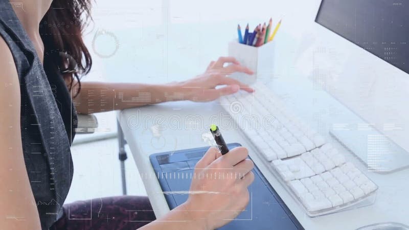 Typing On Keyboard And Using Graphic Tablet Person Working Data Processing Animation Stock