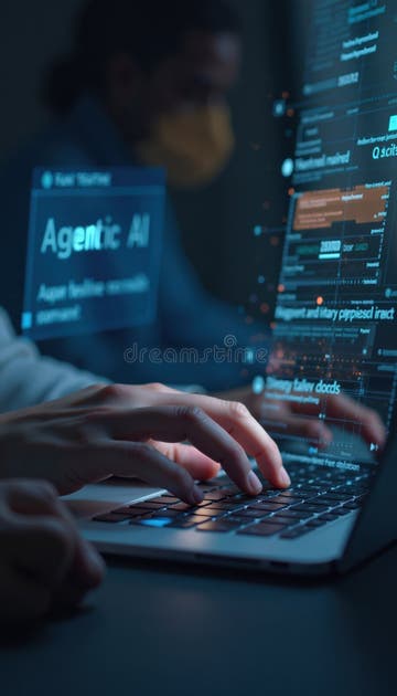 Typing on Laptop with Agentic AI Interface, Code on Screen. Technology ...