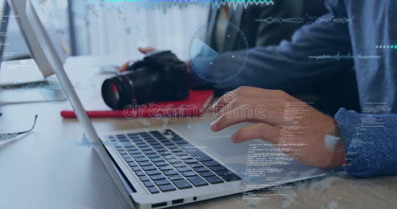 Typing on Laptop with Camera, Digital Data Animation Overlaying Screen ...