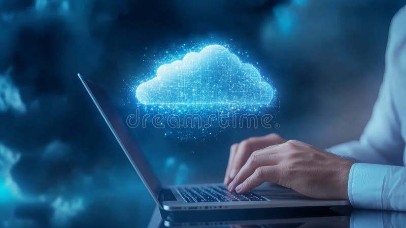 Typing on Laptop with Cloud Computing Visualization Stock Illustration - Illustration of storage ...