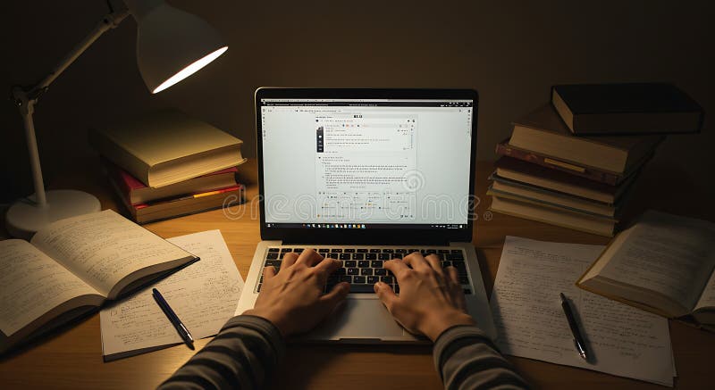 Typing on Laptop at Desk with Books and Lamp Study Session Stock ...