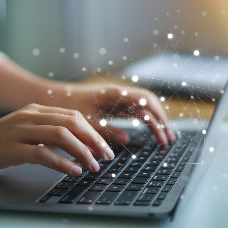 Typing on Laptop with Digital Dots and Lines, Emphasizing Technology ...