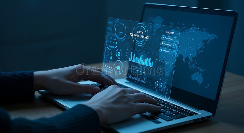 Typing on Laptop with Digital Interface Software Update Stock ...