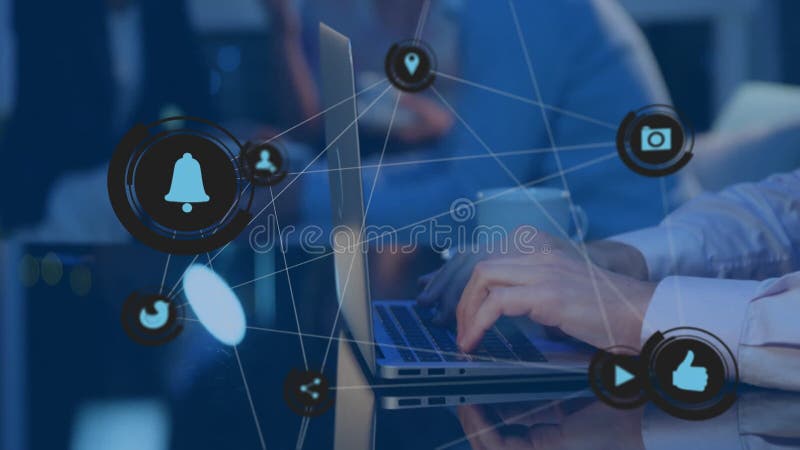 Typing on Laptop, Digital Network Animation Overlaying in School ...