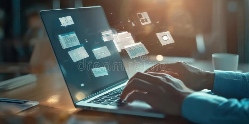 Typing on Laptop with Document Files Floating for Business Productivity ...