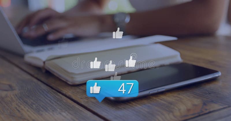 Typing on Laptop with Floating Thumbs-up Animation in School ...