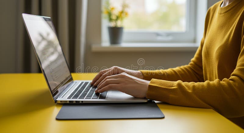Typing on Laptop: Focus, Productivity & Yellow Aesthetic. Work, Study ...