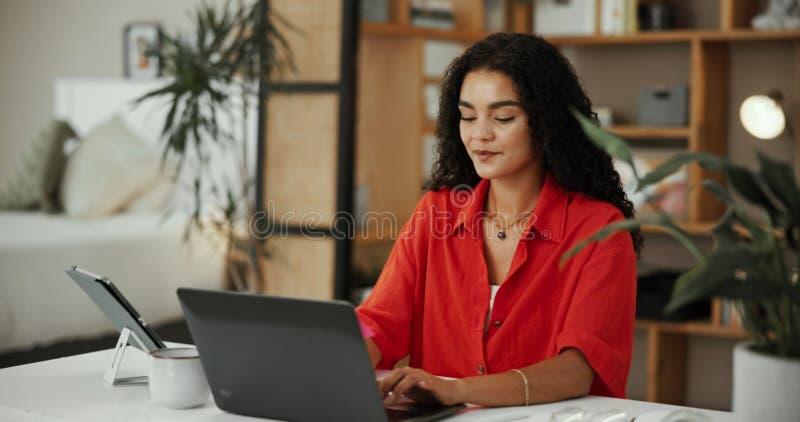 Typing, Laptop and Freelancer with Woman in Home Office for Visual ...