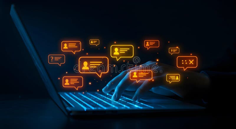 Typing on Laptop with Glowing Chat Bubbles for Online Communication ...