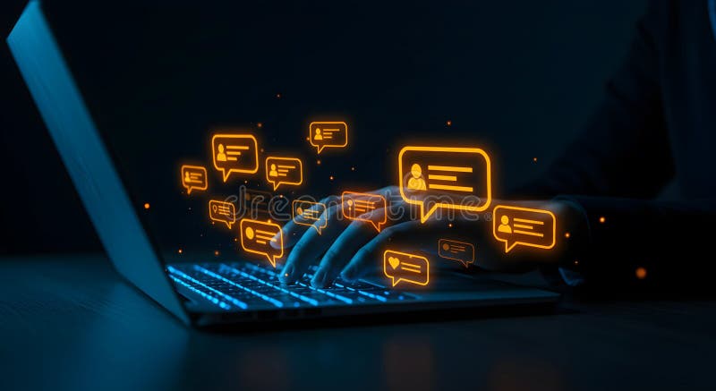 Typing on Laptop with Glowing Chat Bubbles Showing Communication and ...
