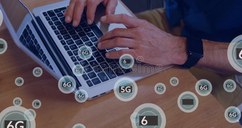 Typing on Laptop, Hands with Floating 6G Technology Animation in School ...