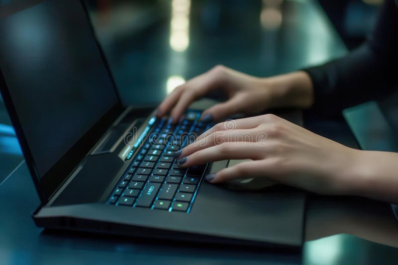 Typing on Laptop Keyboard with Glowing Keys. Tech Concept for Data Entry Stock Illustration ...