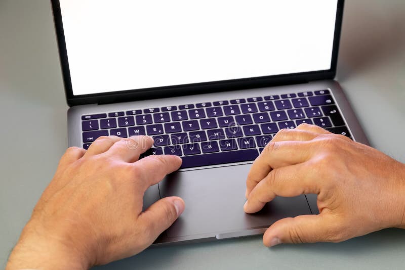 Typing on a Laptop Keyboard, White Screen - Copy Space Stock Image ...