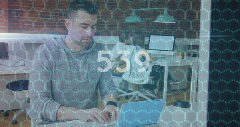 Typing on Laptop, Man in Office with Hexagonal Grid and Numbers ...