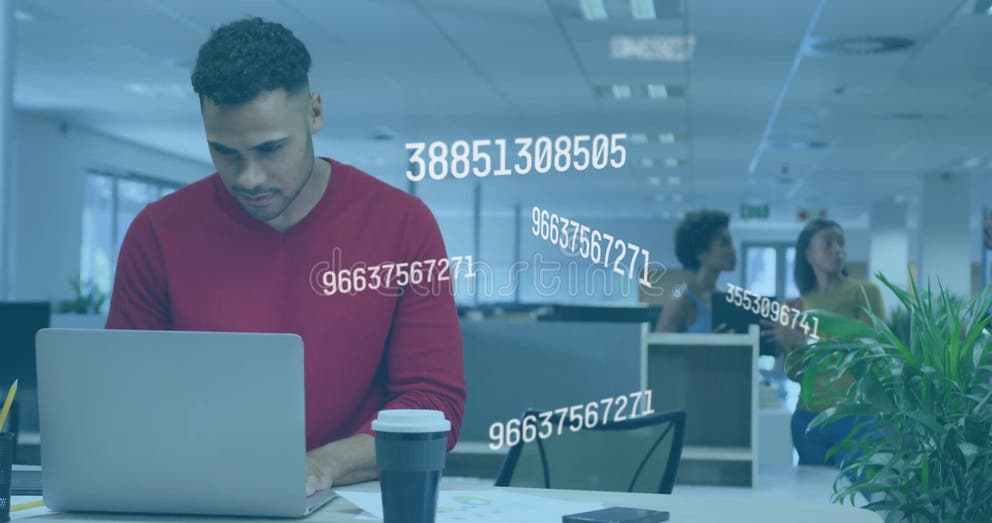 Typing on Laptop, Man Surrounded by Floating Numbers Image in Office ...