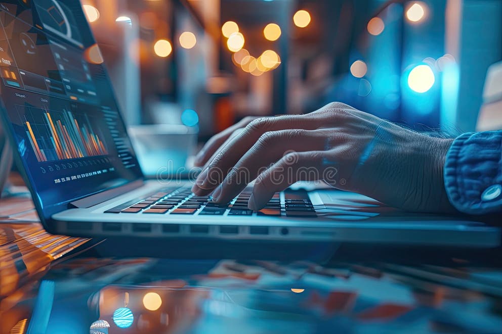 Typing on Laptop, Modern Gadget with Glass Display Device Stock ...