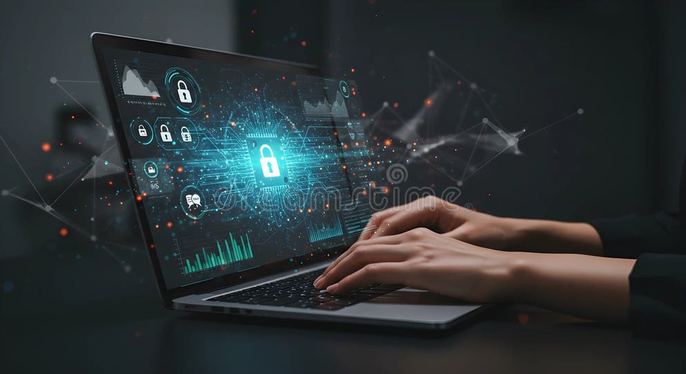 Typing on Laptop with Security Lock Screen for Data Protection Stock ...