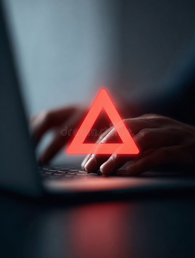 Typing on a Laptop Under a Red Warning Sign. Symbolizes Error, Cyber ...