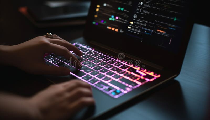 Typing on Laptop, Working Late into Night Generated by AI Stock ...