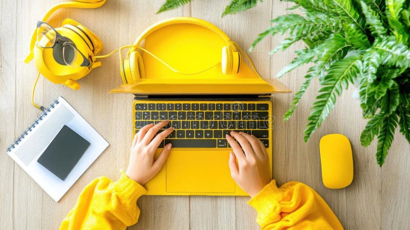 Typing on Laptop with Yellow Theme and Green Plant, Workspace Aesthetic ...