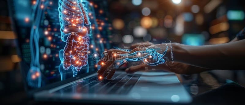 Typing Login and Password on Laptop with Virtual Interface Icons, Lock ...