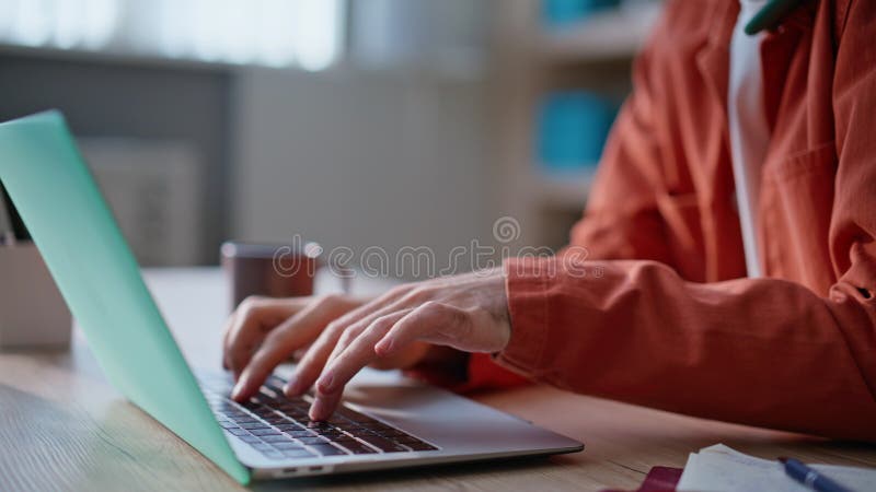 Typing Manager Talking Cellphone at Busy Workday Closeup. Smiling ...