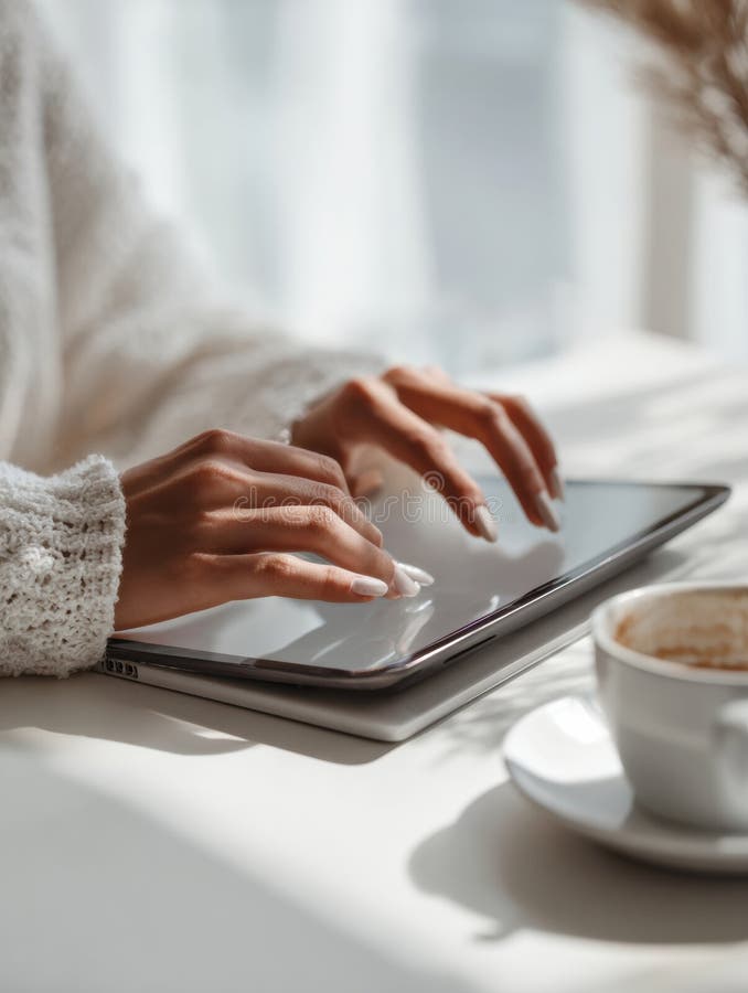 Typing Notes on a Tablet with a Coffee Cup on a Bright Minimal Table ...