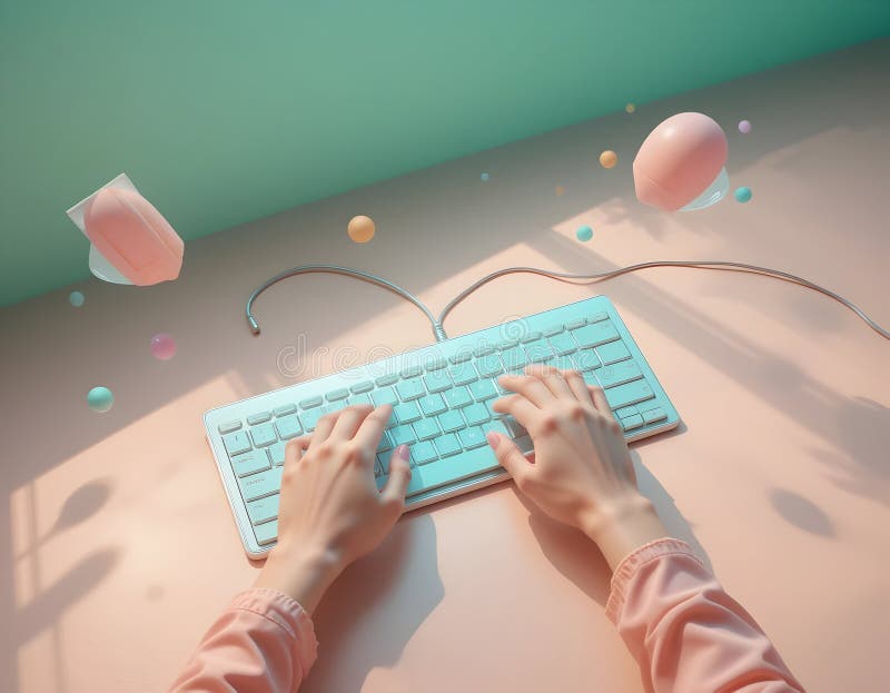 Typing on a Pastel Keyboard with Floating Shapes and Modern Aesthetic ...