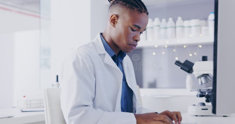 Typing, Research and Scientist on Computer for Laboratory Data Analysis ...