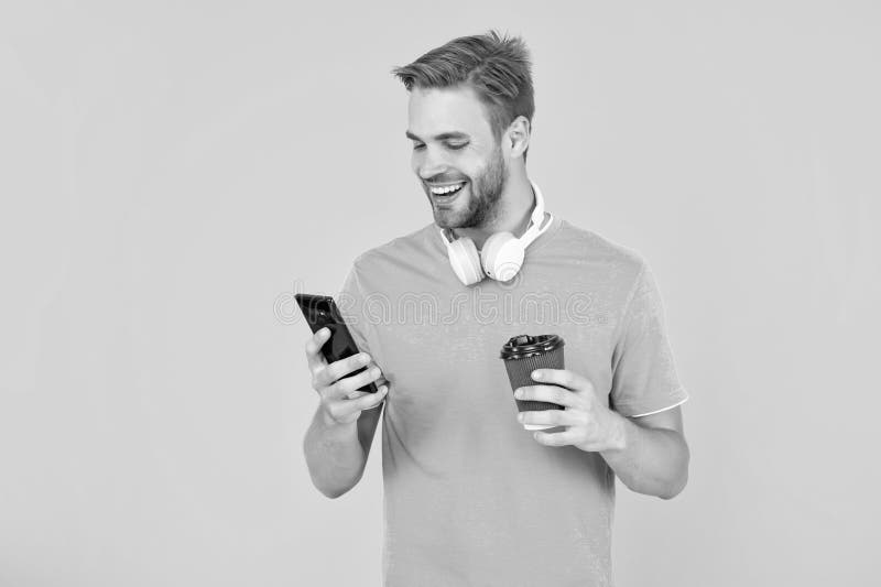 Typing and Texting. Check Sms and Email. Happy Smiling Man Chat Online ...