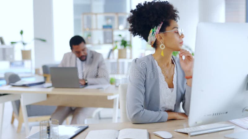 Typing, Thinking and Computer with Woman in Office for Research ...