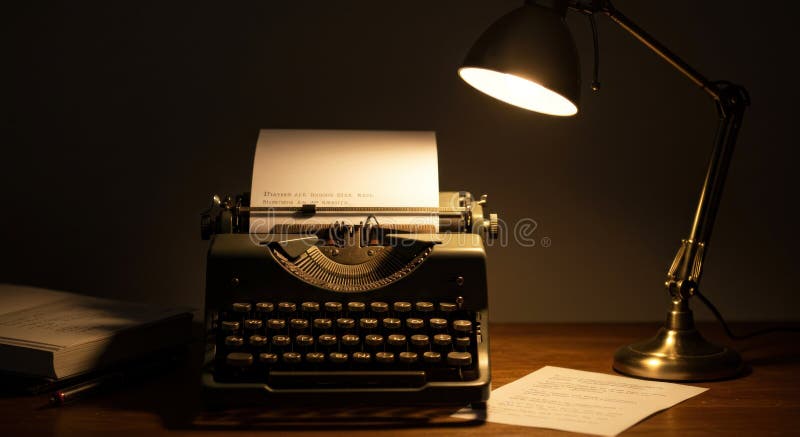 Typing on Typewriter Under Lamp in Dark Room Stock Illustration ...