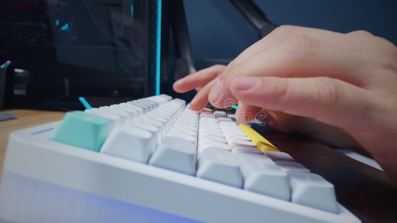 Typing on White Mechanical Keyboard with RGB Lights. Stock Footage ...