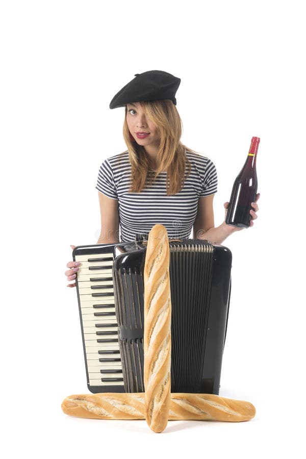 Typisch Frans Meisje Met Harmonika, Brood En Wijn Stock Afbeelding ...