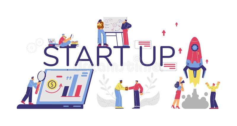 Typographic Start Up Text and Tiny People with Laptop and Taking Off ...