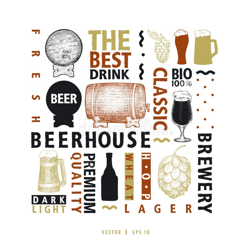Typographic Vector Beer Design Template. Types of Beer and Hand Drawn ...