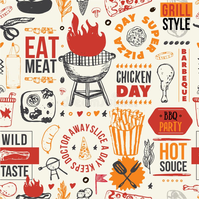 Typography Barbecue Seamless Pattern. BBQ Menu Texture with Grilled ...