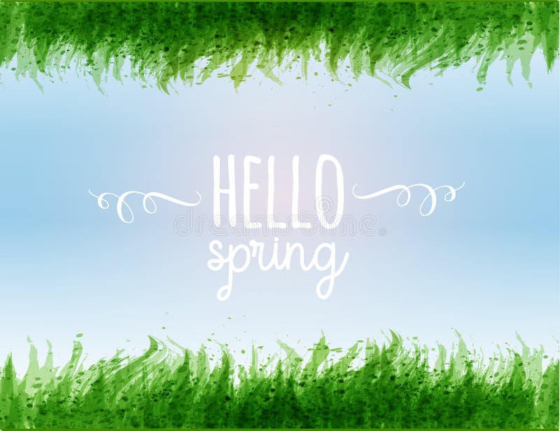Typography Composition with Hello Spring Words, Blue Sky and Green ...