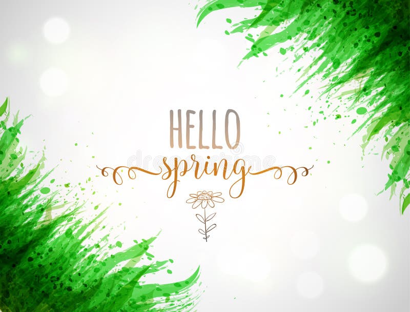 Typography Composition with Hello Spring Words and Green Leaves of ...