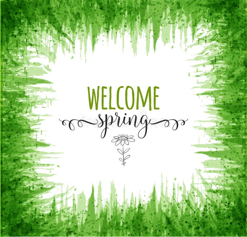 Typography Composition with Welcome Spring Words and Green Leaves of ...