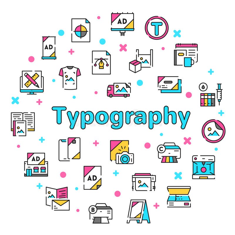 Typography Symbols Color Linear Vector Icon Set Stock Vector - Illustration of advertising ...