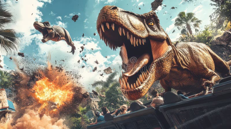 Tyrannosaurus Rex Attacking Ride Passengers Exploding Scene Stock Photo ...