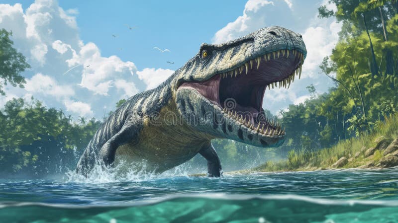 Tyrannosaurus Rex Emerging from Water in Lush Jungle Stock Illustration ...