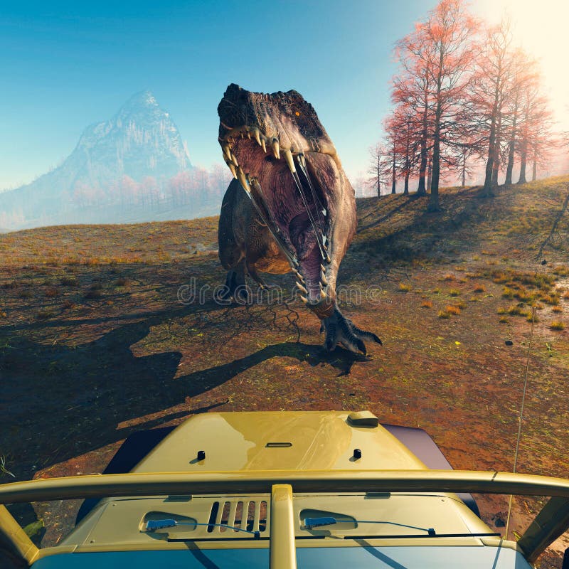 T rex in front of a car stock illustration. Illustration of huge ...