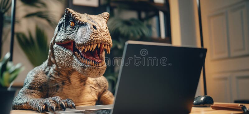 Tyrannosaurus Rex in Office Setting Using Laptop for Work or Leisure ...