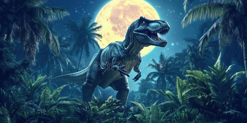 Tyrannosaurus Rex Under Full Moon in Lush Jungle Environment Stock ...