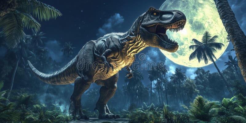 Tyrannosaurus Rex Under Full Moon in Lush Prehistoric Jungle Setting ...