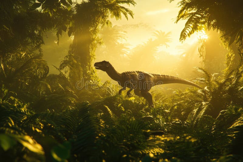 A Tyrannosaurus Rex Walks through a Dense, Vibrant Green Forest Stock ...